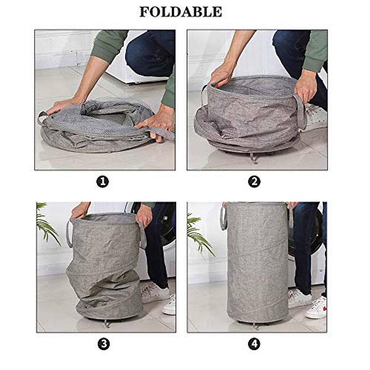 WDHome Mesh Pop-Up Laundry Hamper,Folding Cylinder Laundry Basket for Dirty Clothes, Children's Toys Basket,Toy Box Organizer - with Handle and Drawstring Lid(Gray)