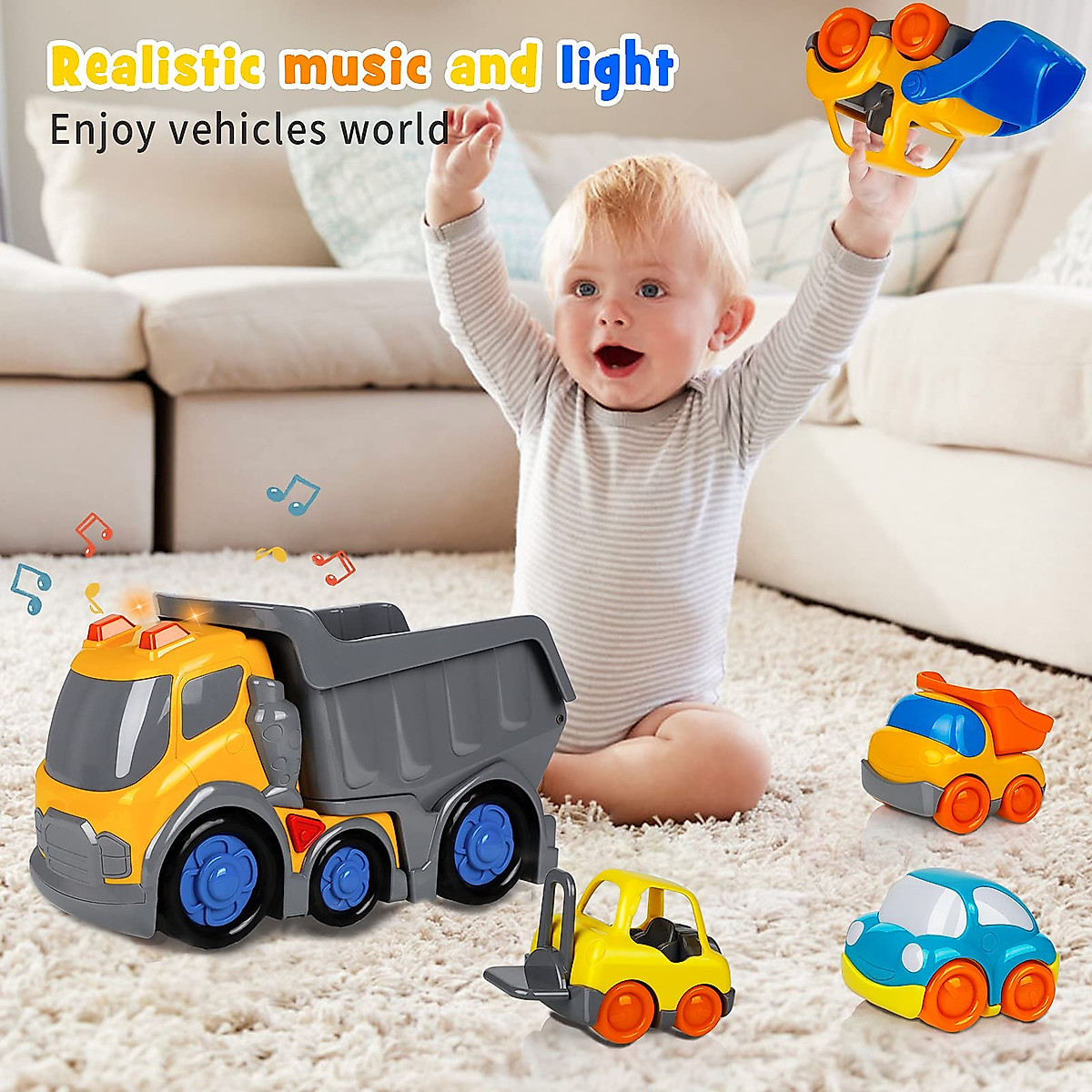Car Toys for 2 3 4 5 Years Old Toddlers Boys and Girls,12‘’ Big Dump Truck with Light and Sound, Push and Go Small Bulldozer Forklift truck, Vehicles Playset for Christmas Birthday Gift