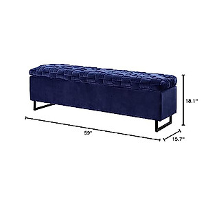 Inspired Home Velvet Storage Ottoman - Hand Woven Entryway Bench with Storage and Foot Rest, Navea, Navy