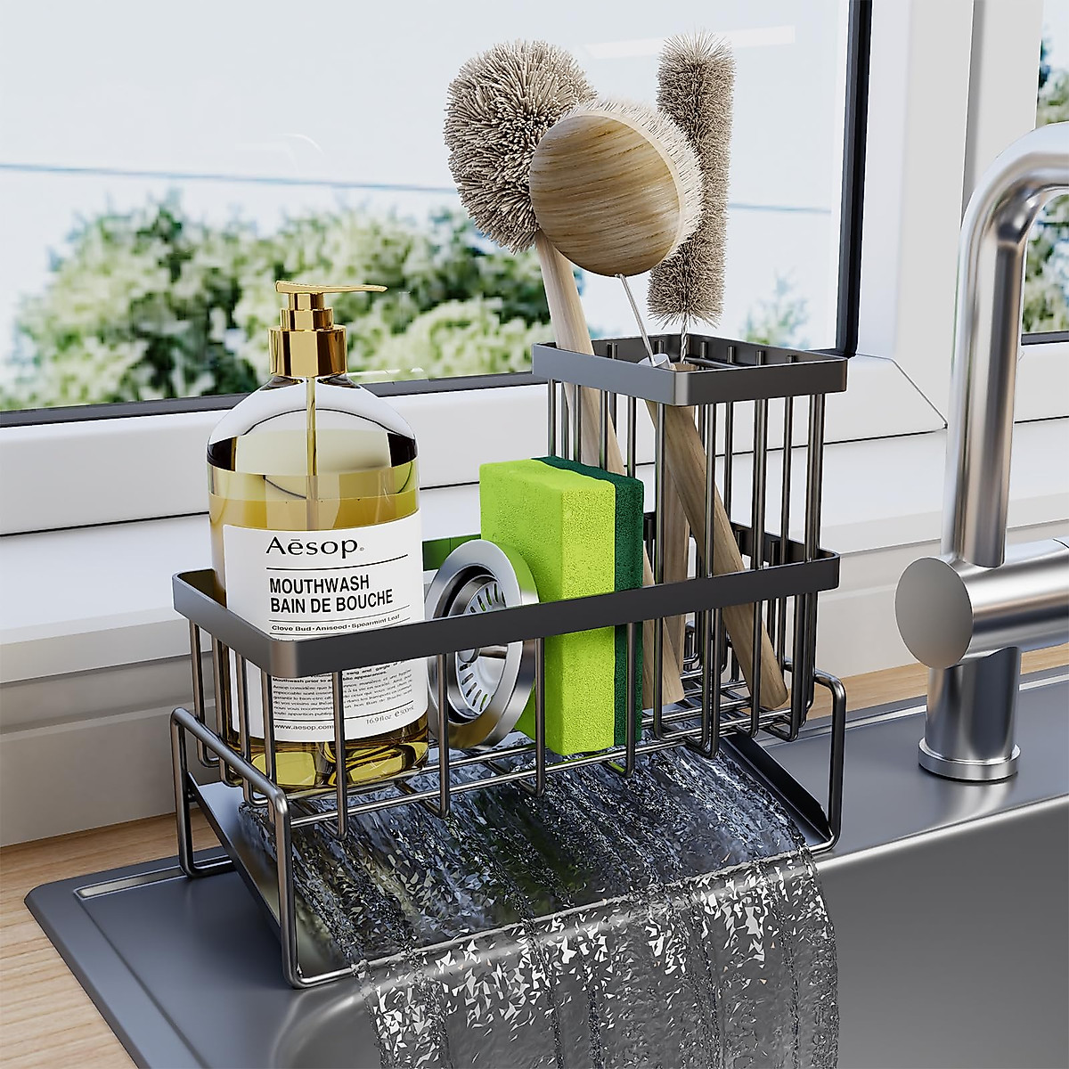 Sponge Holder for Kitchen Sink - Rustproof Sink Caddy with Brush Holder, Self-Drainage Kitchen Sink Organizers and Storage Dish Soap Dispenser Home Essentials Organization Accessories, Black