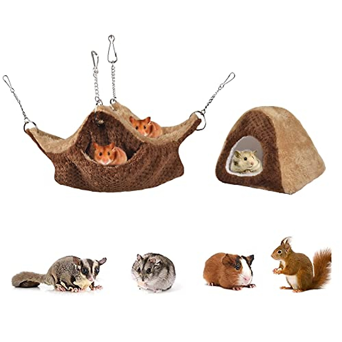 Petmolico 2 Pack Small Animal Hammock, 2 Layer Hamster Hanging Hammock and Warm Plush Tent Bed for Ferret Rat Guinea Pig Chinchilla, Brown