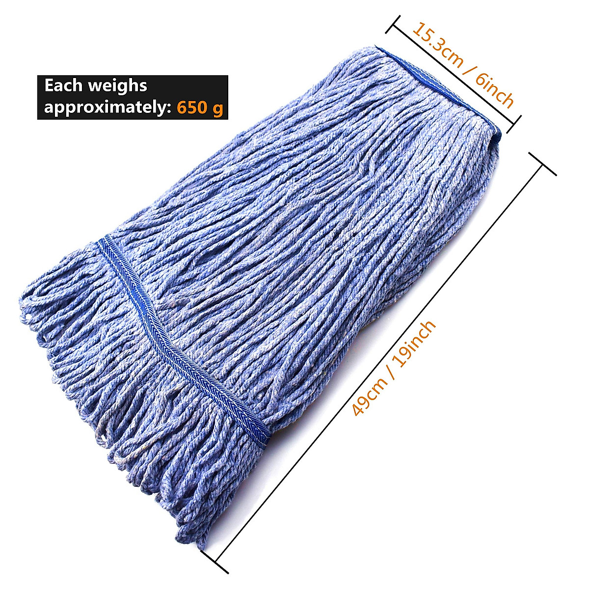 String Mop Heads Replacement Heavy Duty Commercial Grade Blue Cotton Looped End Wet Industrial Cleaning Mop Head Refills (3, Large)