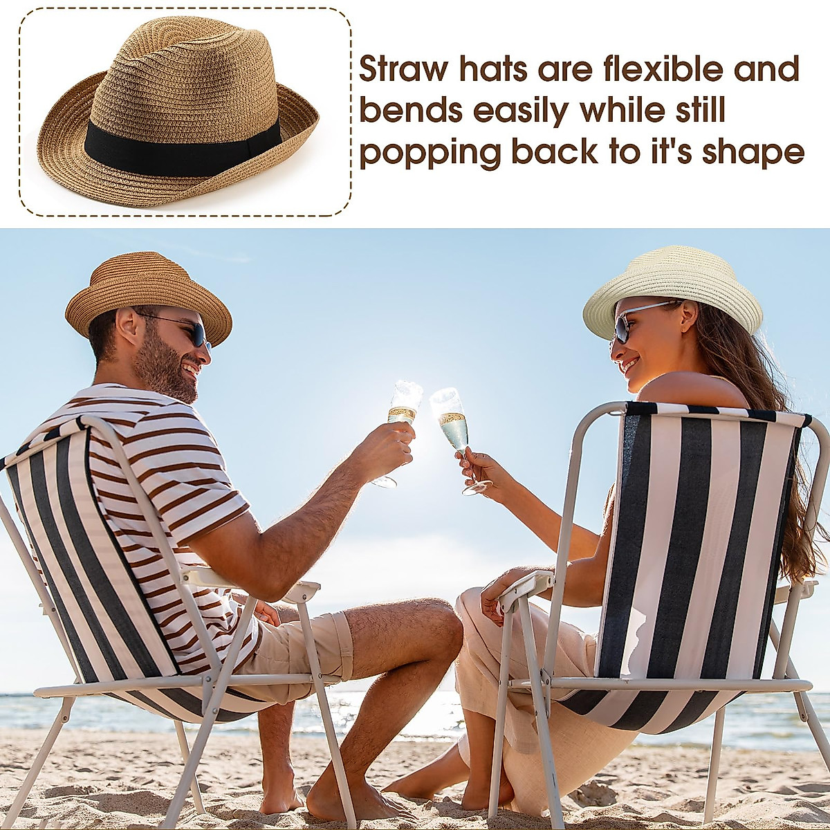 Jeyiour 24 Pcs Women Straw Hat Bulk Panama Hat Men Short Brim Packable Sun Trilby Hat Summer Hats Foldable Straw Beach Hat for Women Men Vacation, Khaki Beige and White