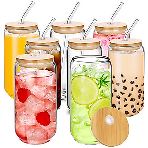 MOHARY [ 8pcs Set ] Drinking Glasses with Bamboo Lids and Straw 8pcs Set - 16oz U-Shaped Cups, Iced Coffee Glasses, Cute Reusable Bottle, Ideal for Whiskey, Beer, Tea, Gift - 2 Cleaning Brushes