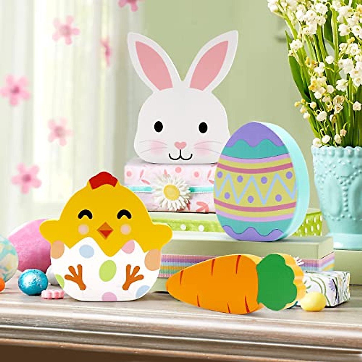 Huray Rayho Easter Wood Blocks Spring Tabletop Decoration Happy Easter Tiered Tray Decor Farmhouse Bunny Chick Carrot Egg Mini Wooden Signs