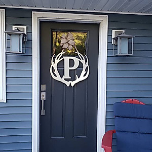 PK Decor Personalized ACM Metal Sign Deer Antler Decorations for Rustic Home Wall Decor, Customizable Last Name Initial Monogram, Buck Antler Door Hanger, Great Outdoor Hunter Gift (Block Initial)