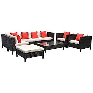 Outsunny Patio Furniture Set, 9 Piece Outdoor Sectional Sofa, All-Weather PE Rattan Wicker Conversation Set with Chairs, Ottoman, Loveseat, Coffee and Side Table, Cushions, Sand
