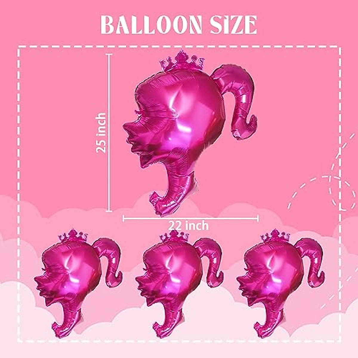 MEMOVAN Pink Girls Head Balloons 4pcs 28 Inch Hot Pink Doll Balloons for Girl Princess Hot Pink Party Bachelorette Makeup Spa Birthday Baby Shower Party Supply