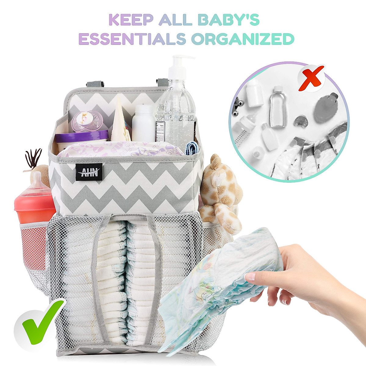 Hanging Diaper Caddy Organizer, Playard Nursery Organizer, Nursery Organizer Baby Diaper Caddy, Diaper Stacker for Changing Table, Crib, Baby Shower Gifts for Newborn, Chevron (Large, Chevron)