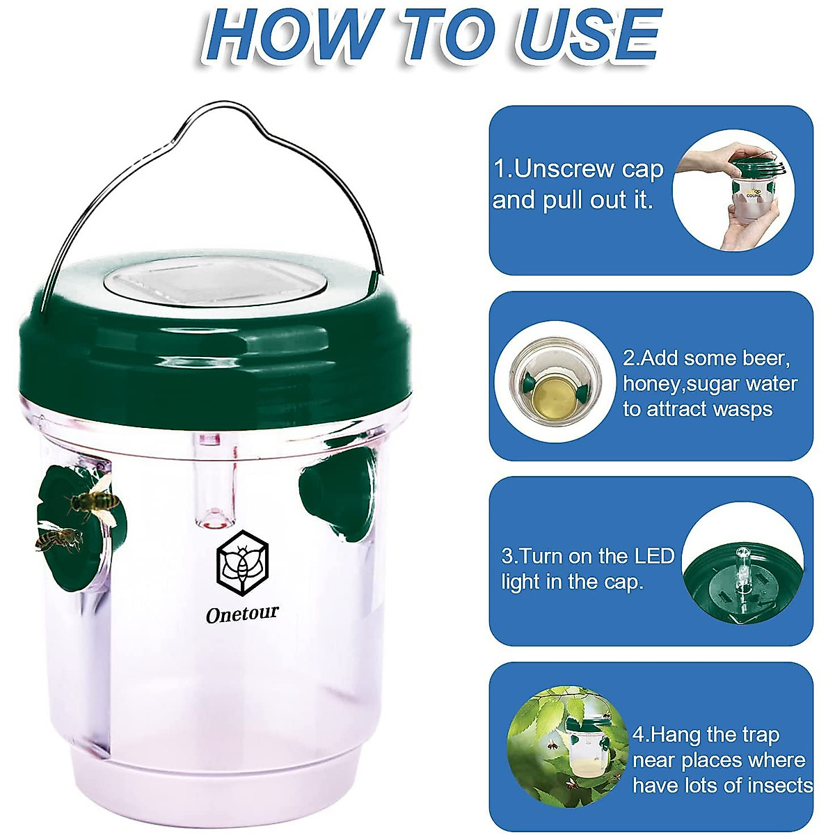 Petoor Wasp Traps for Hunting Wasps, Bees, Hornets, Insects, Yellow Jacket Traps, Wasp Trap Catcher, Reusable Solar Powered Hanging for Outdoor, 2 Packs