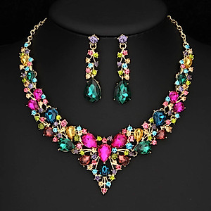 Molie Bridal Austrian Crystal Necklace and Earrings Jewelry Set Gifts fit with Wedding Dress(Multicolour)