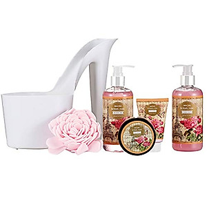 Draizee Heel Shoe Rose Scented Home Relaxation Fragrance Spa Gift Basket Set for Woman Bath and Body Basket 5 Pcs Body Lotion & Butter, Shower Gel, Bubble Bath Valentine's Gift for Wife Girlfriend