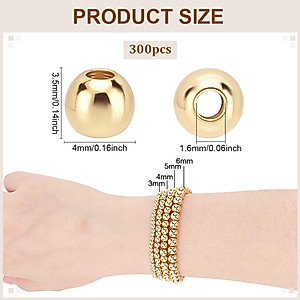 PH PandaHall 300pcs 4mm 14K Gold Plated Brass Beads Long-Lasting Round Smooth Spacer Beads Seamless Loose Ball Beads Gold Metal Beads for Summer Hawaii Stackable Necklace, Bracelet, Earring Making