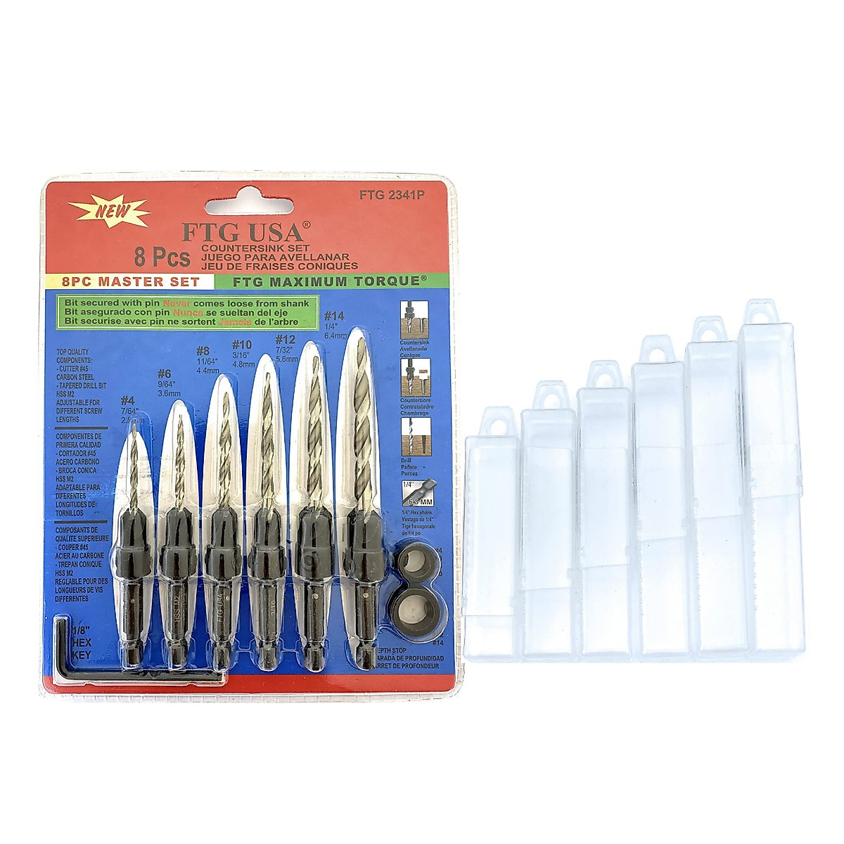 FTG USA Wood Countersink Drill Bit Set 6 Sizes Set with 6 Storage Containers for Countersink HSS M2 Tapered Drill Bits, Quick Change Hex Shank Countersink bit, 2 Stop Collar, 1 Allen Wrench