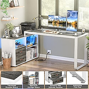 Homieasy L Shaped Desk with File Cabinet & Power Outlet, 55 Inch Large Corner Computer Desks with LED Strip, L-Shaped Computer Desk with Drawers and Storage Shelves for Home Office, Grey & White