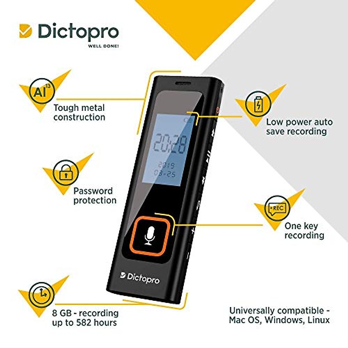 Dictopro Digital Voice Activated Recorder w/Password Protection-HQ Recording from 60ft,Record Lectures&Meetings, Sensitive Microphone, Automatic Noise Reduction, 582H Playback, Small & Portable,USB,8G