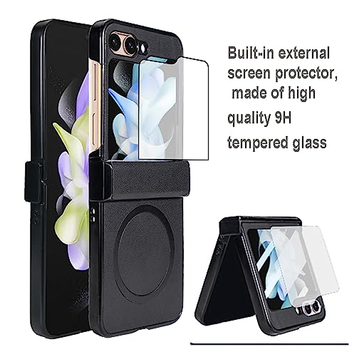 Gufiire for Samsung Galaxy Z Flip 5 Case with Hinge Protection, Front Screen Protector, Carbon Fiber Texture Leather Case Compatible with MagSafe Full Protection Phone Case for Galaxy Z Flip5 (Black)
