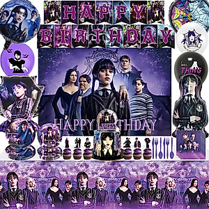 Wednesday Inspire Birthday Party Decorations, Wednesday Inspire Party Supplies Set Include Banner, Backdrop, Foil Latex Balloons, Tablecloth, Cake Toppers, Tableware, Wednesday Inspire Party Favors