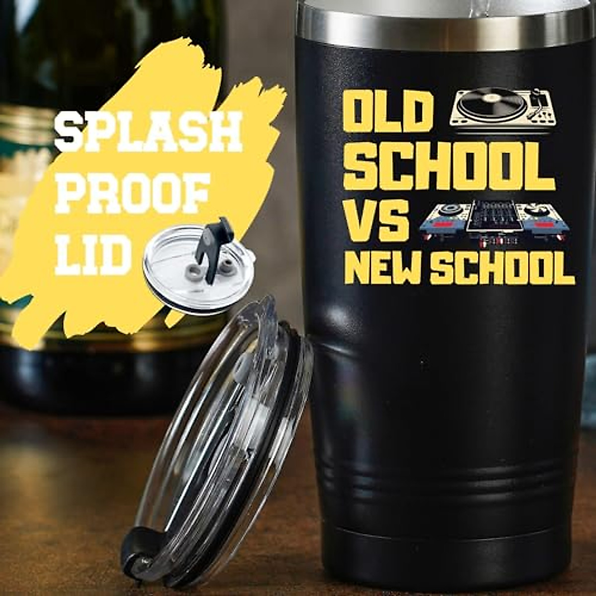 Onebttl DJ Gifts for Men, Women, Disc Jockey Gifts, DJ Tumbler, Old School New School, Gifts for Disco Lovers, Bar Lovers, Stainless Steel Tumbler 20OZ - Black, Manual