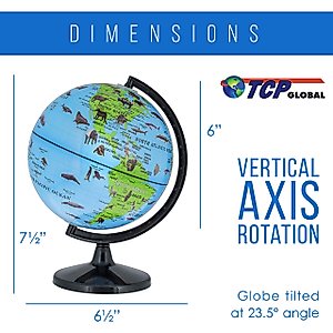 TCP Global 6" World Globe with Wildlife Animals of the World - Zoo, Blue Oceans, Vertical Axis Rotation - Educational Map, Learn Earth's Geography - School, Home Office, Shelf Desktop Display