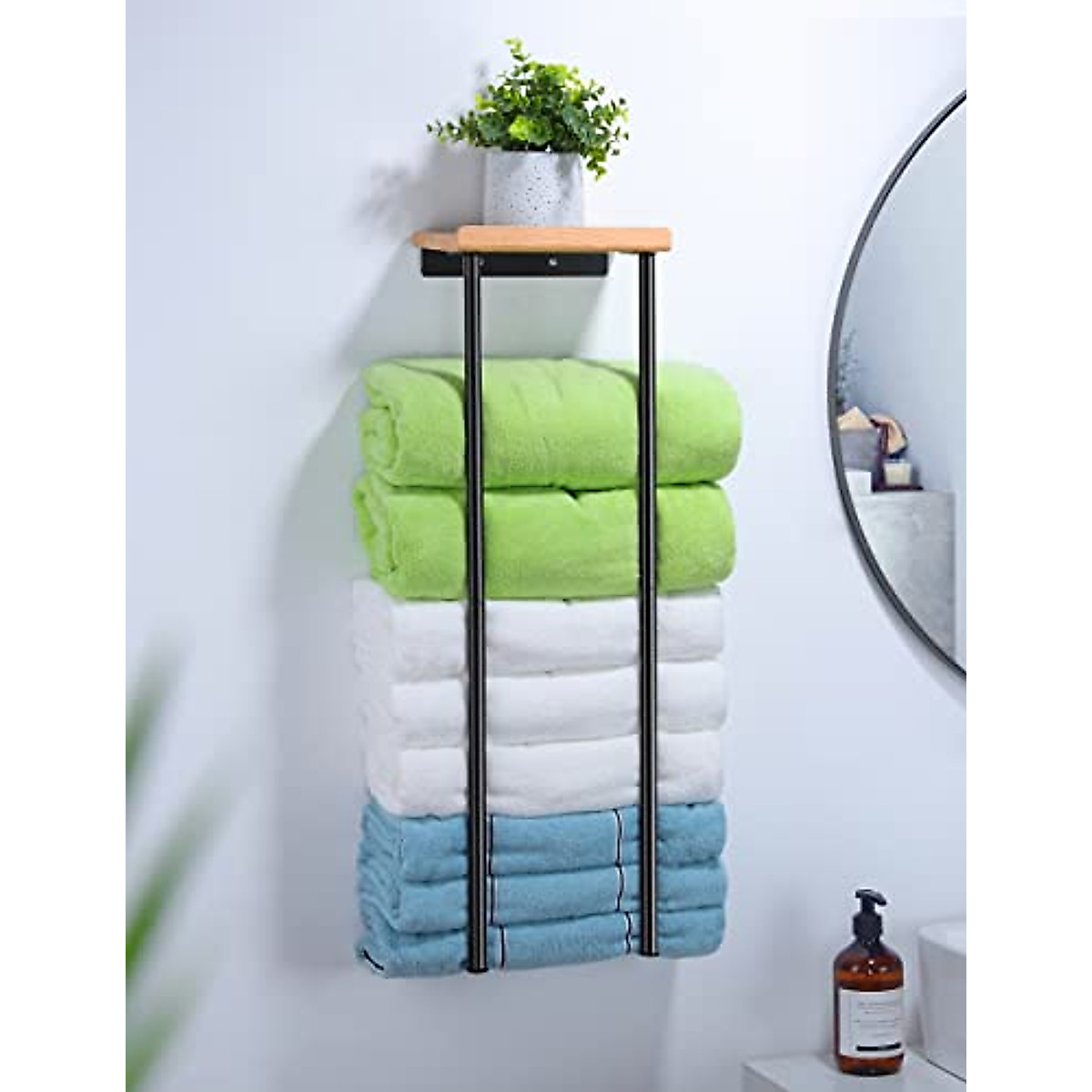 Towel Rack Wall Mounted - KEGII Towel Racks with New Upgrade Wood Shelf, Towel Storage Wall Can Holds Up to 5 Large Size(63x40 inch) of Rolled Towels