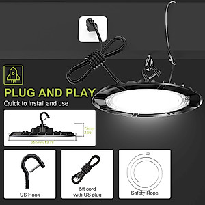 Hylele UFO LED High Bay Shop Light 200W/150W/100W Adjustable 6000K/5000K/4000K Dimmable Commercial Bay Lighting 100-277V Plug&Play, Microwave Motion Sensor with Remote Control