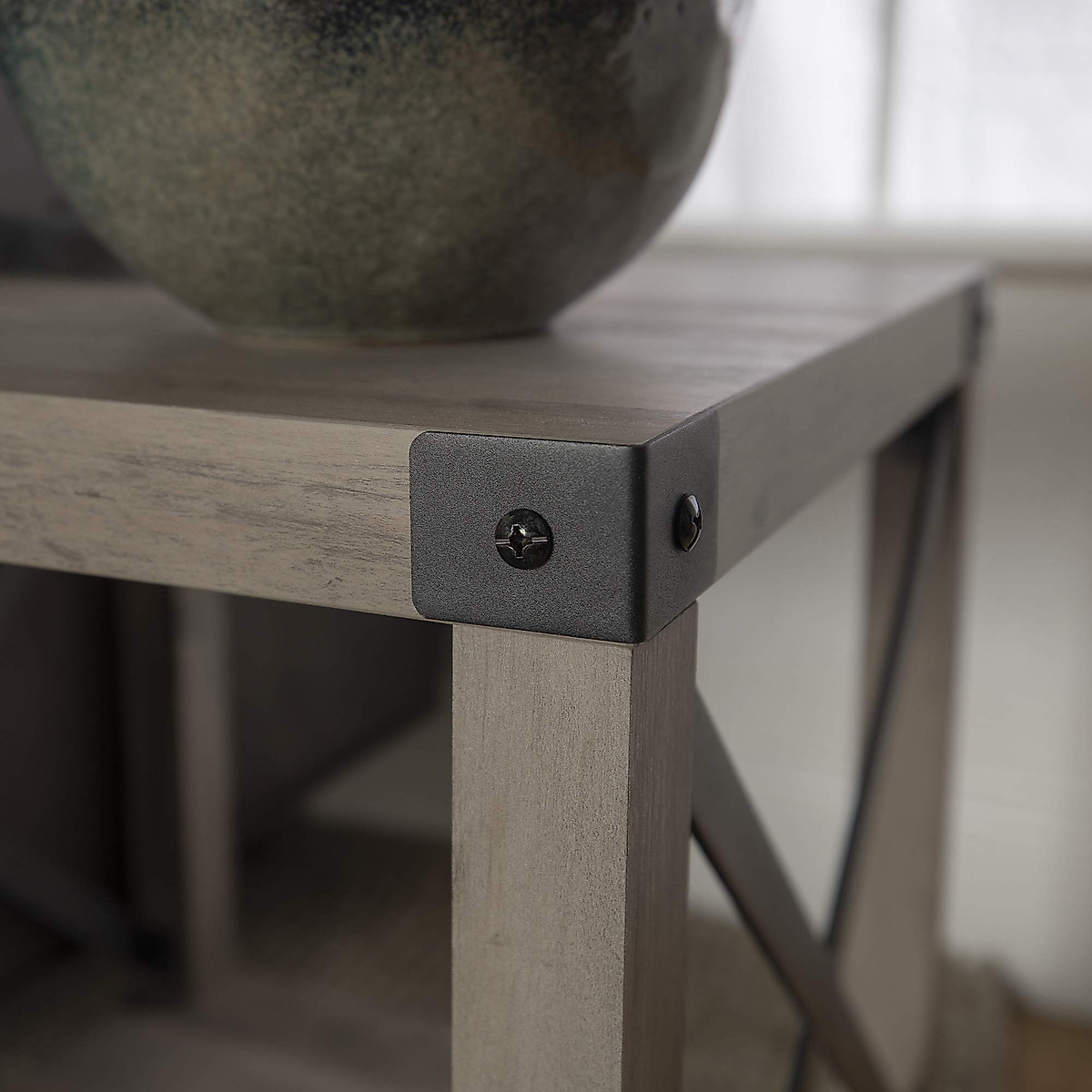 Walker Edison Furniture Company Farmhouse Barn Wood Universal Stand for TV's up to 64" Flat Screen L with Metal and Wood Square Side Accent Living Roo