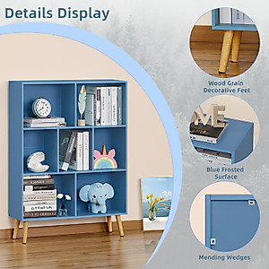 YAHARBO 7 Cube Bookshelf, Blue Kids Book Shelf with Cubby Storage,Wooden Modern Bookcase with Legs,3 Tier Freestanding Display Book Case,Children Toy Organizer,Bookshelves for Office,Nursery,Playroom