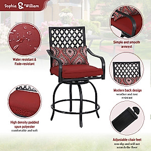 Sophia & William Outdoor Swivel Bar Stools Set of 6 Patio Bar Height Dining Chairs, All-Weather Metal Furniture Set with Armrest and Cushion for Garden Lawn Backyard, Red