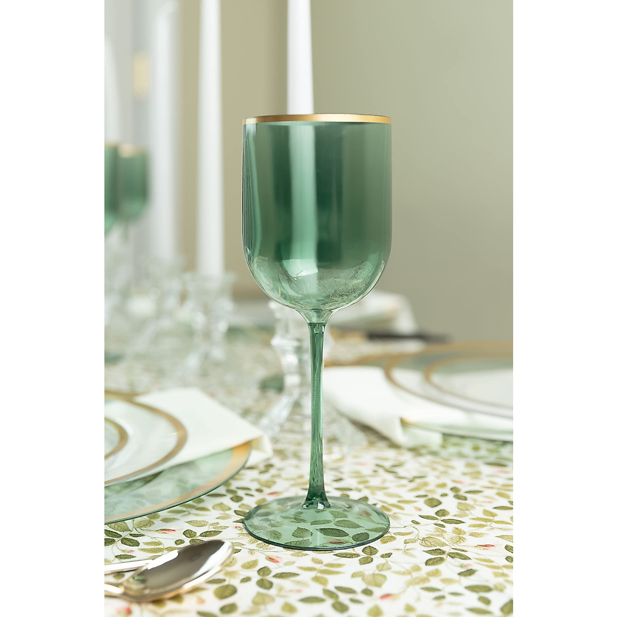 PLASTICPRO Green Wine Cup with Gold rim Plastic Wine Glasses Set of 10 Elegant Wine Goblets Hard Plastic Wine Cups on Stem 12 Ounce Christmas Cups