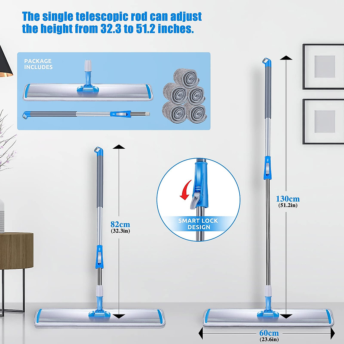Masthome Commercial Wet Mop 24'' Large Microfiber Mop,Aluminum Flat Mop with Adjustable Stainless Steel for Wet and Dust Cleaning Heavy Duty Floor Mop with 5 Mop Pads and 1 Cleaning Scraper