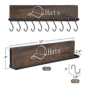 FANGSUN Hat Rack for Wall, Wooden Baseball Cap Organizer with 20 Hooks, Metal Rustic Hat Pattern Hat Display Rack, Ball Cap Hanger Wall Mounted Hat Storage Holder for Closet Bedroom Entry, Set of 2