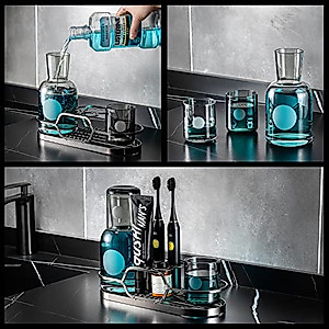 25 OZ Mouthwash Dispenser Bottle with Stainless Steel Toothbrush Holder, Mouthwash Decanter Glass Water Carafe Set for Bathroom,Bedside, Nightstand with Accessories Organizer