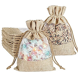 Burlap Drawstring Bags 5x7 Inch with Sheer Window Organza, Candy Jewelry Gift Pouches for Party Favors, DIY Craft, Birthday and Wedding (12 Pack)