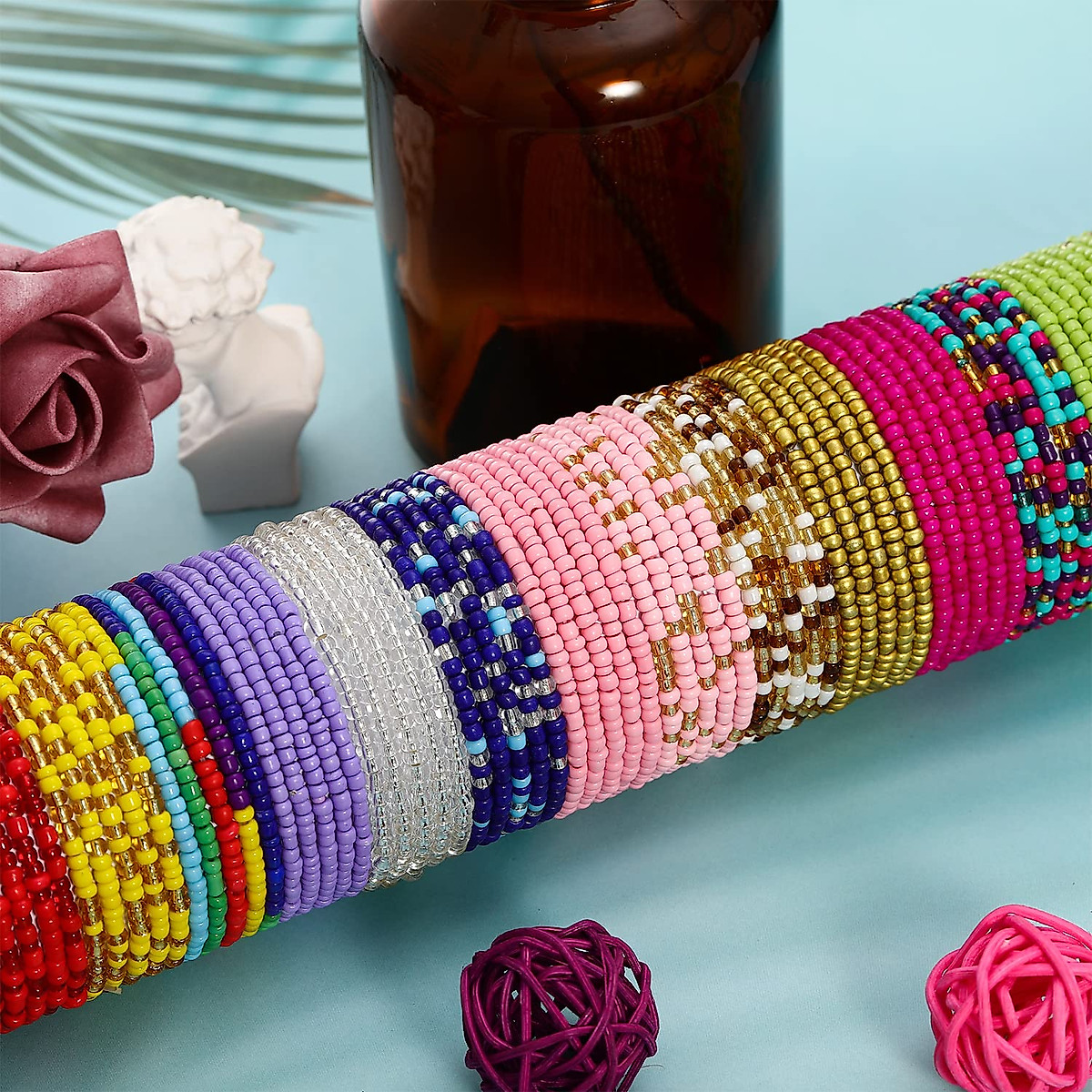 TOBENY SHIWE 24PCS Waist Bead Chains for Women Colorful Summer Body Chains Belly Beads Bikini Jewelry Chains Bead Waist Chains Set