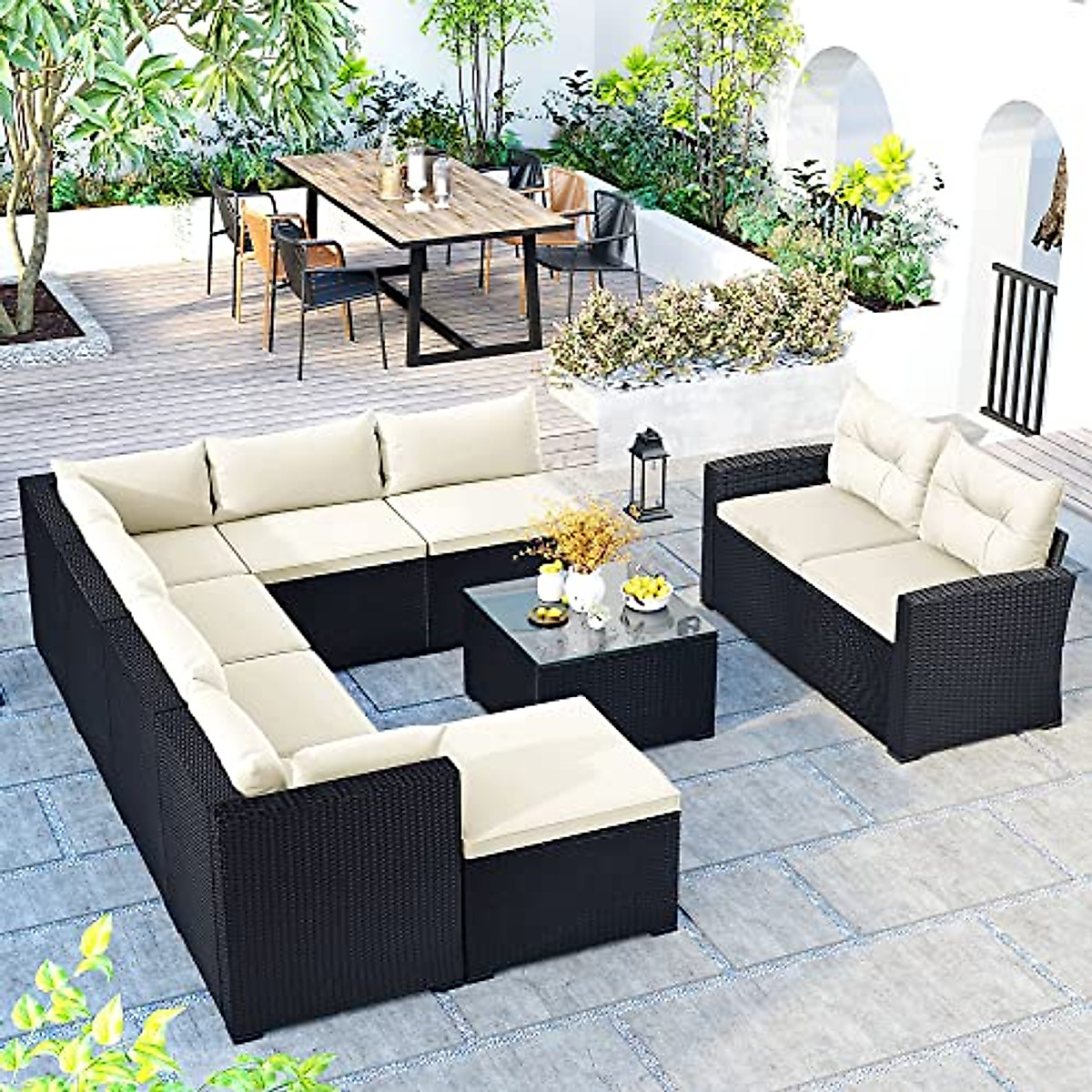 BIADNBZ 9 Piece Outdoor Patio Furniture Set Large PE Wicker Conversation Sectional Sofa with Glass Coffee Table, Chairs and Ottoman, for Lawn, Garden, Backyard, Poolside, Beige Cushion