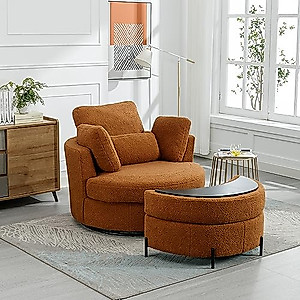 360° Swivel Accent Barrel Chair and Half Crescent Moon Storage Bench Large Ottoman with 4 Pillows,Upholstered Oversized Leisure Round Loveseat Recliner Sofa Chaise Lounge Circle Armchair for Club