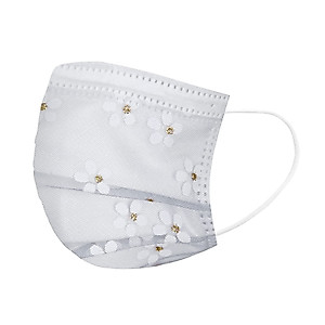 Hozxclle 50 Pcs Net Yarn Flowers Disposable Face_Masks Four-Layer Face Protection for Women, Beautiful Elegant Lace Floral Print Breathable Anti-dust Covering with Elastic Earloop & Nose Clip, White