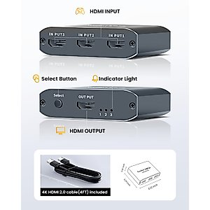 HDMI Switch 3 in 1 Out 4K@60Hz Aluminum Alloy【with 4FT HDMI 2.0 Cable】, avedio links 3x1 HDMI Multi Port Switch, 3 Way HDMI Selector Switcher Support HDCP 2.2, HDR 10, for Fire TV Stick, PS5
