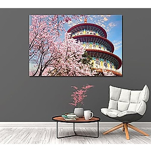 Tianyuan Temple with Sakura Blossom Taiwan Canvas Print 1 Panel / 36x24 inches