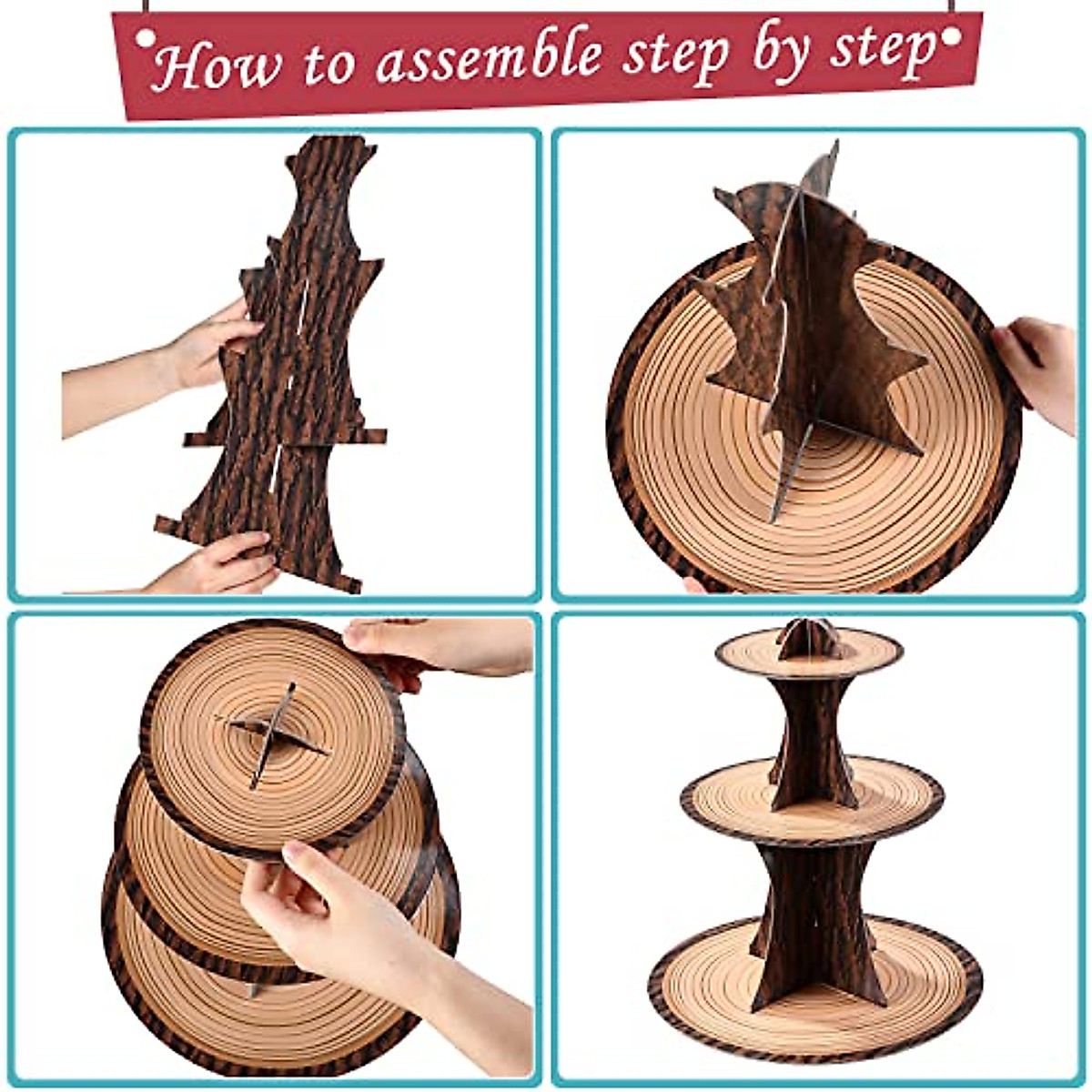 2 Pcs Wood Cupcake Stand, Woodland Baby Shower Decorations Wood Grain Birthday Party Supplies, 3 Tier Cardboard Wooden Cupcake Stand Tower Safari Rustic Jungle Cupcake Stand