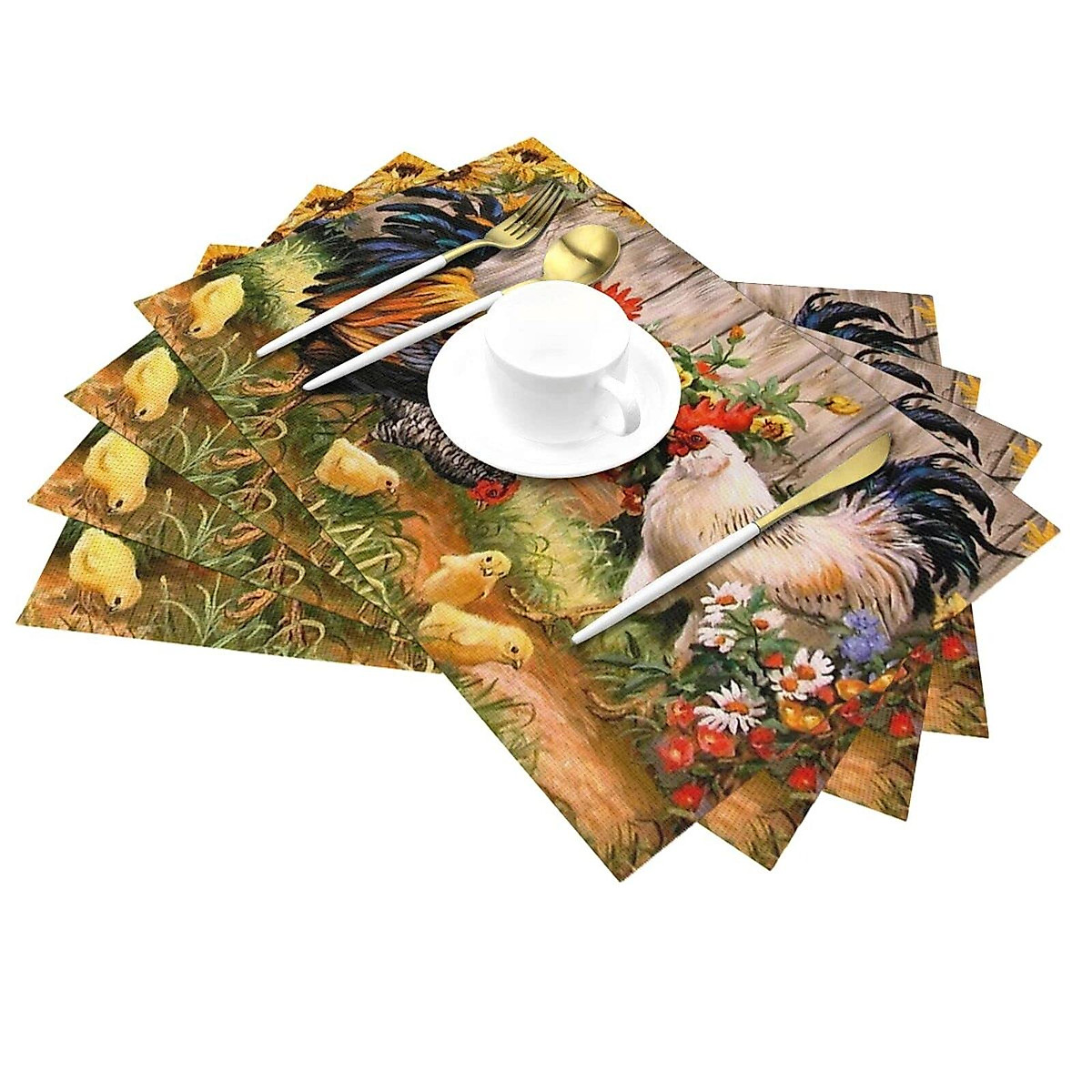 BOKEKANG Rooster Hen and Chickens Placemats Set of 4 PVC Roosters Table Mats Non-Slip Heat Resistant Chicken Place Mats Washable for Home Kitchen Dining Table