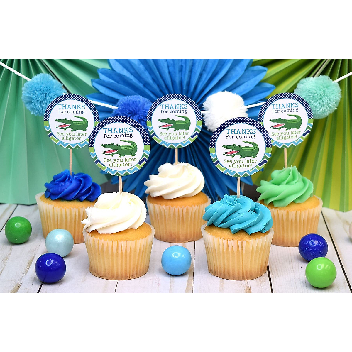 Snappy See You Later Alligator Themed Birthday Thank You Sticker Labels for Boys, 40 2" Party Circle Stickers by AmandaCreation, Great for Party Favors, Envelope Seals & Goodie Bags