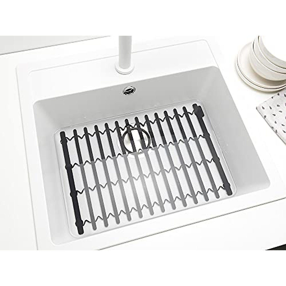 Brabantia Extendable Dish Drying Mat (Dark Gray) Silicone Washing Up Dish Draining Tray, Heat Resistant