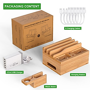 BEEBO BEABO Bamboo Charger Station for Multi Devices, Phone Charging Stand, 5 in 1 USB A Port Charging Station, Wooden Desktop Devices Organizer