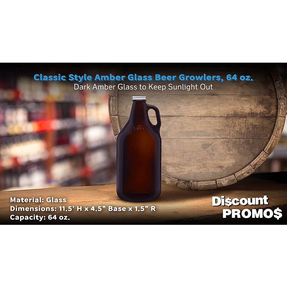 DISCOUNT PROMOS 6 Amber Glass Beer Growlers Set, 64 oz. - Screw on Lid, Sturdy, Barware - Amber