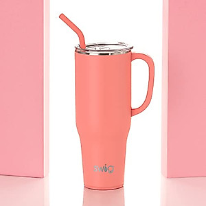 Swig Life 40oz Mega Mug, 40 oz Tumbler with Handle and Straw, Cup Holder Friendly, Dishwasher Safe, Extra Large Insulated Tumbler, Stainless Steel (Coral)
