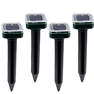 MorTime Solar Powered Mole Deterrent Spikes Outdoor Yard Gopher Vole Deterrent Ultrasonic Groundhog Stake for Lawn Garden (4 Pack)