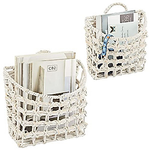 mDesign Woven Hyacinth Hanging Wall Mount Storage Organizer Basket - Rustic Hangable Mounted Market Baskets for Kitchen, Bathroom, Shelf - Holds Floral, Food, and Mail - Set of 2 - White Wash