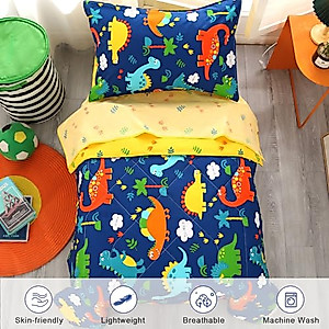 Wowelife Dinosaur Toddler Bedding Sets for Boys Blue Premium 4 Piece Dinosaur Toddler Comforter Set Bed-in-a-Bag, Super Soft and Comfortable with Comforter, Flat Sheet, Fitted Sheet and Pillowcase